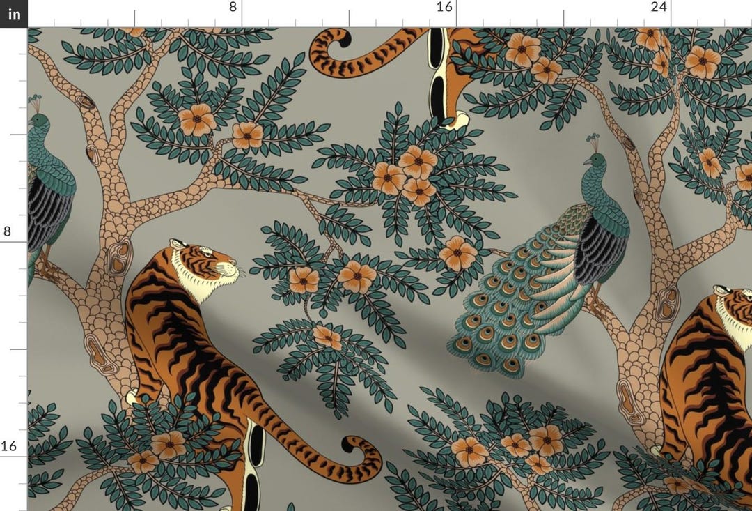 Tiger Chinoiserie Apparel Fabric - Tiger on Gray by Sveta_aho - Bengal ...