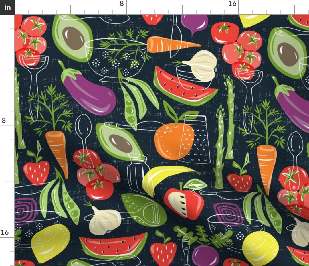 Food Fabric Farm Fresh Charcoal Black by Heatherdutton Vegetable Fruit ...