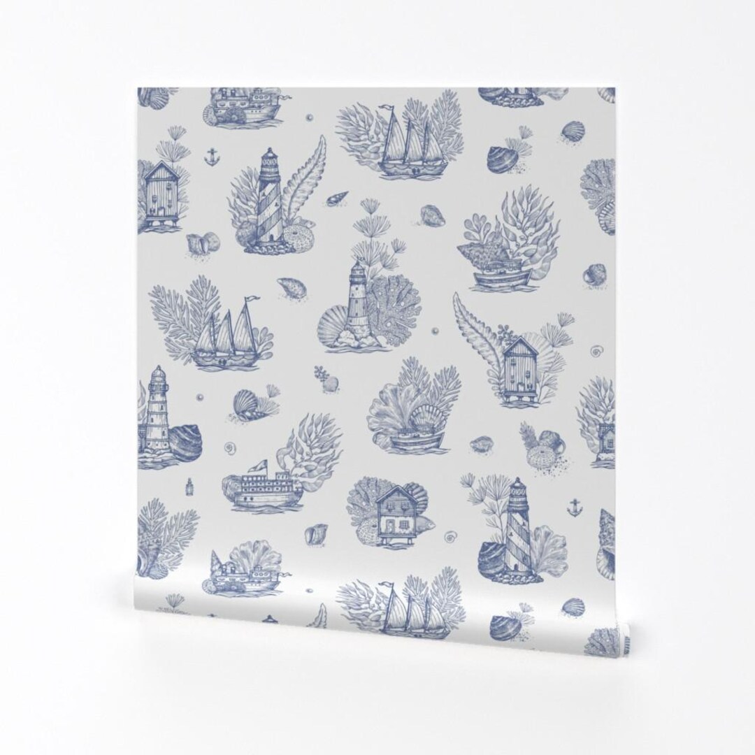 Seaside Toile Wallpaper - City Under the Sea by Adehoidar - Beach Toile ...