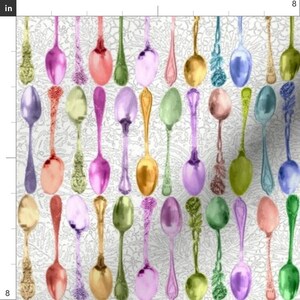 Rainbow Spoons Fabric - Vintage Rainbow Spoons on Silver Lace by Emmie ...