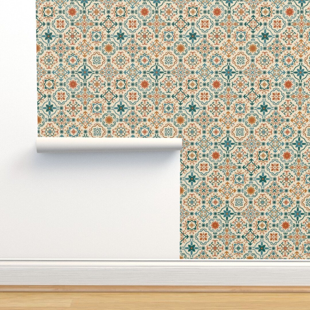 Spanish Wallpaper Spanish Tiles by Maritcooper Blue Orange - Etsy