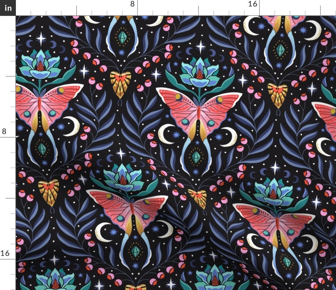 Moon Fabric Moonlit Moth Damask by Pattysloniger Black - Etsy