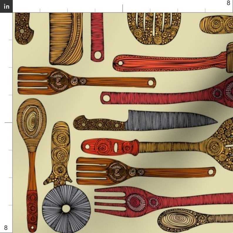 Vintage Illustrated Kitchen Utensil Fabric Lets Cook by - Etsy