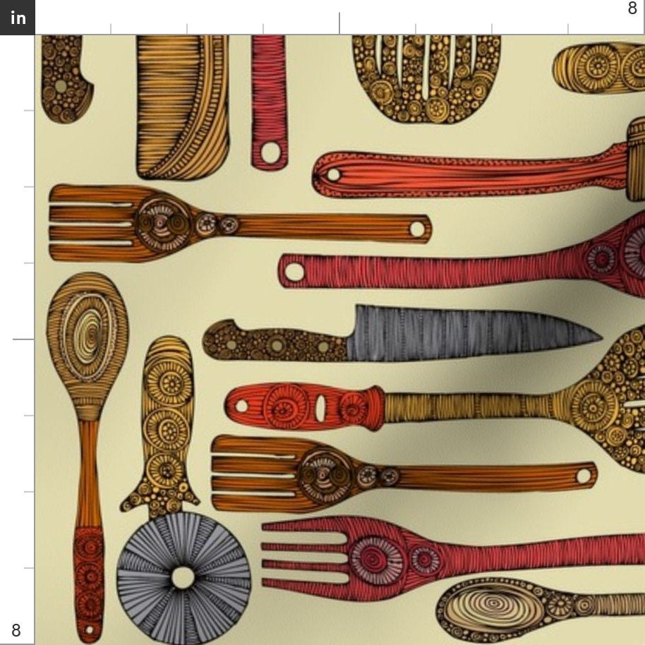 Vintage Illustrated Kitchen Utensil Fabric Lets Cook By | Etsy