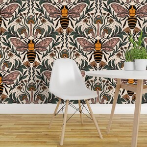 Bee Damask Removable Peel and Stick Wallpaper - Woodland Mushrooms Bees ...