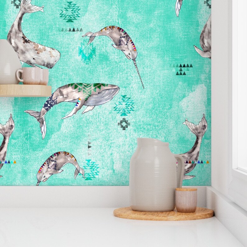 Boho Whale Wallpaper whale Tribe Small Aqua by Nouveau - Etsy