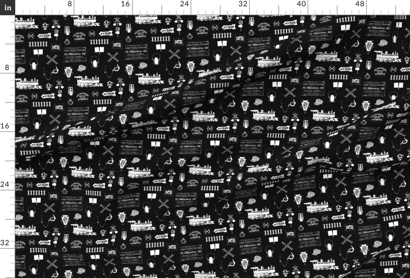 Trains and Railroad Fabric - Railroad Symbols on Black by Thin Line ...