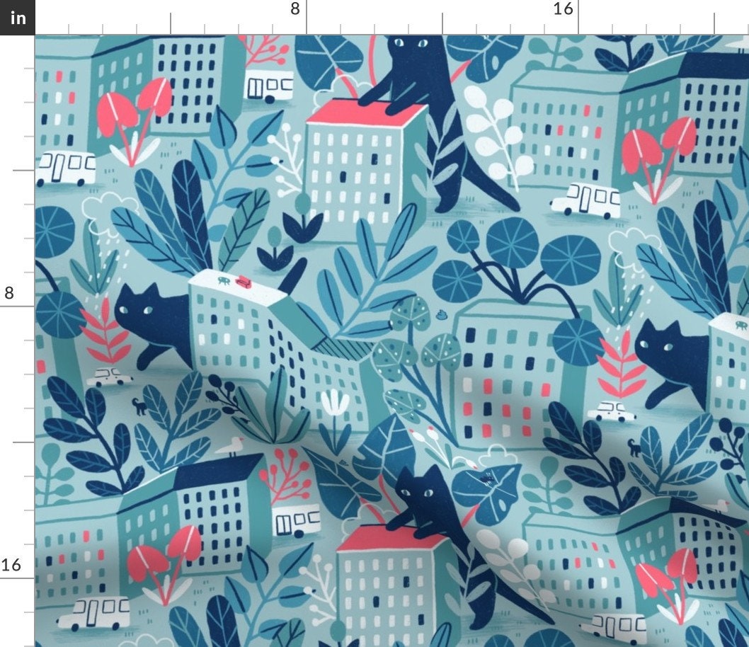 Funny Cats Fabric Giant Cats in the City by Kostolom3000 | Etsy