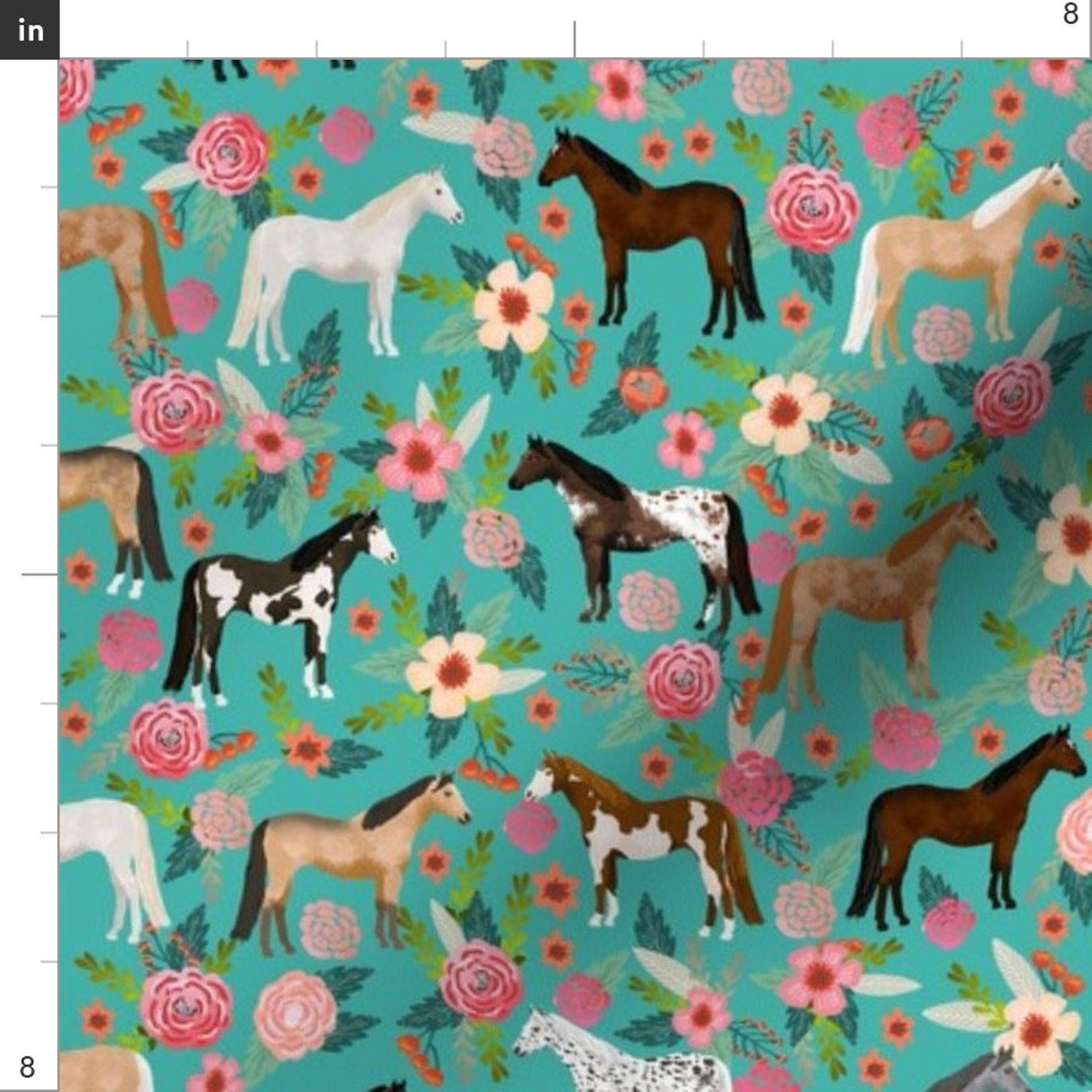 Pretty Horses Fabric Horse Multi Coat Floral Fabric Turq by - Etsy