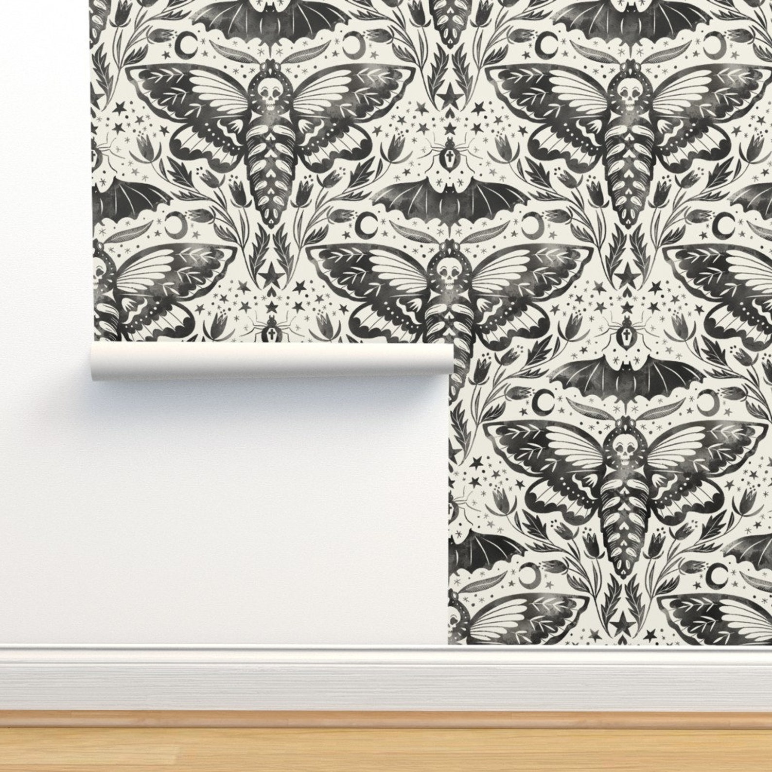 Dark Moth Wallpaper Watercolor Skull Moth Damask by - Etsy