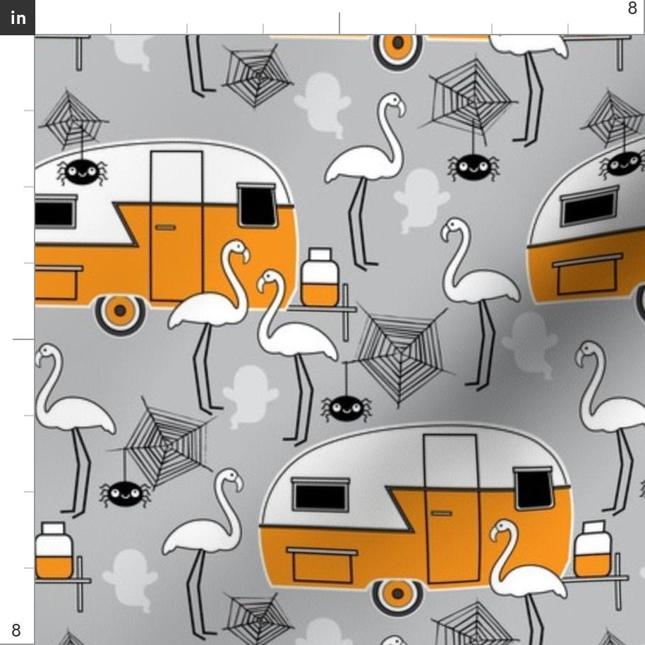 Haunted Trailer Fabric Halloween Trailers and Flamingos Grey | Etsy