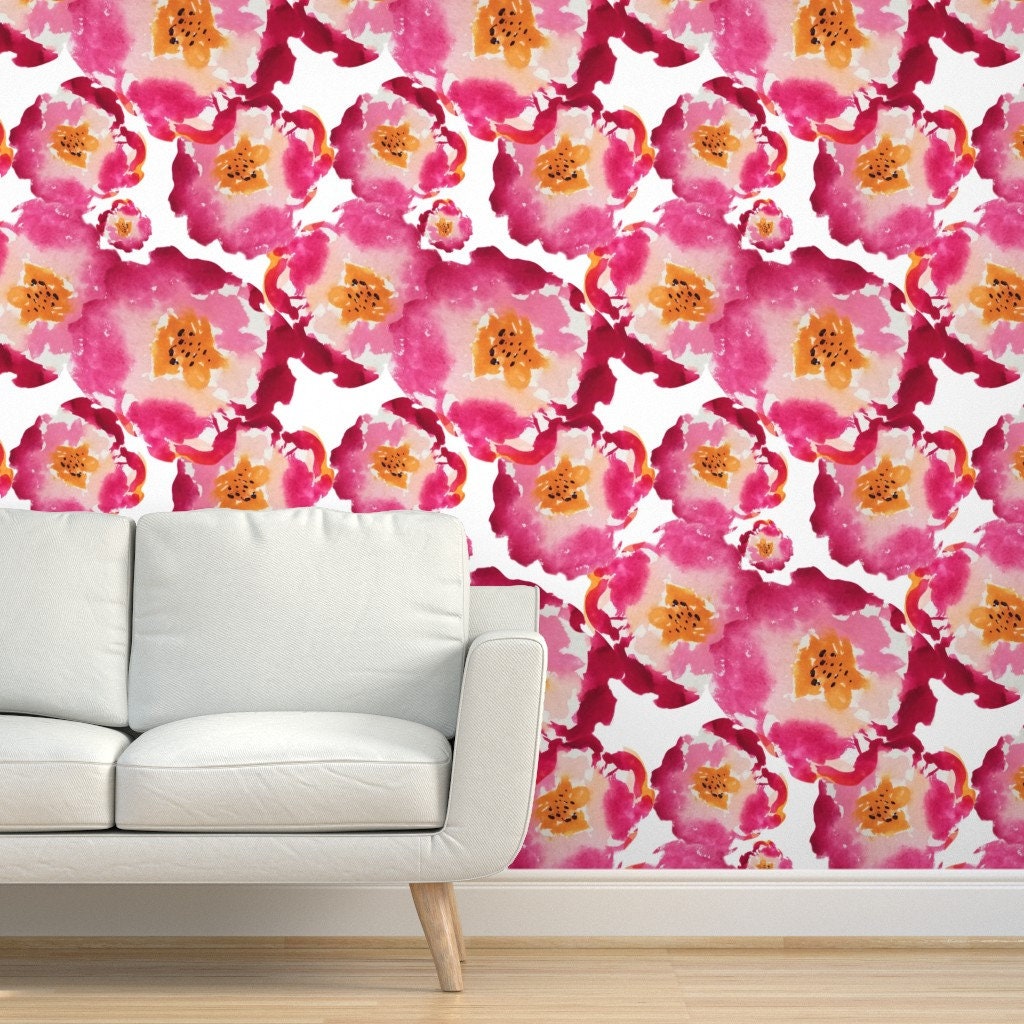 Fuchsia Floral Wallpaper Watercolor Flowers Vector by | Etsy