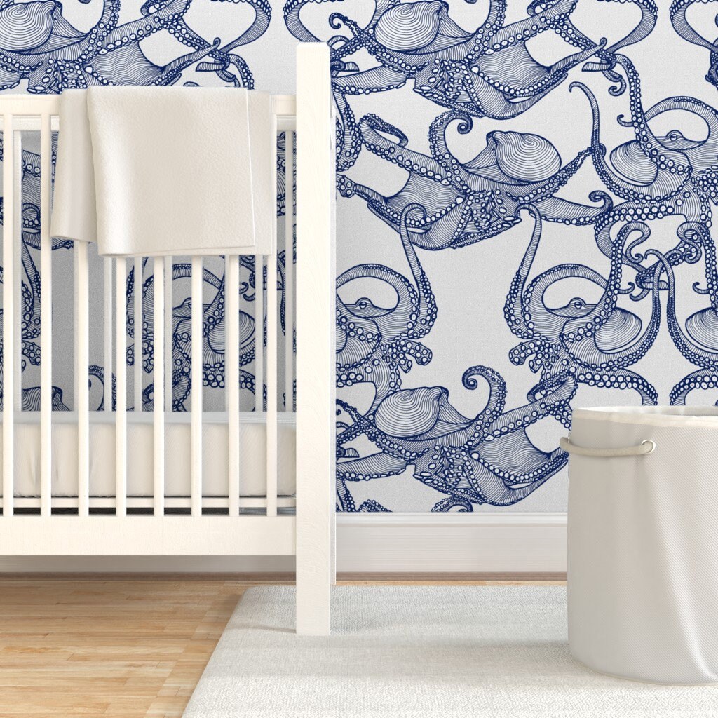 Cephalopod Wallpaper Giant Octopi Navy White by Patricia - Etsy