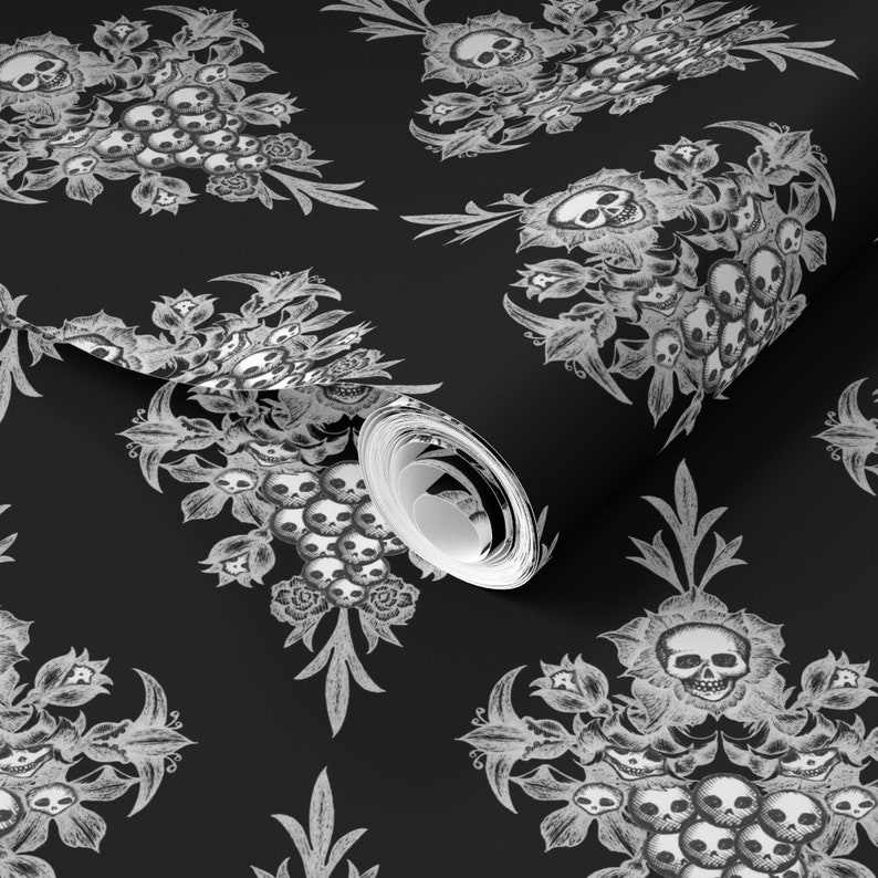 Skull Damask Wallpaper Skull Flower Damask Negative by - Etsy