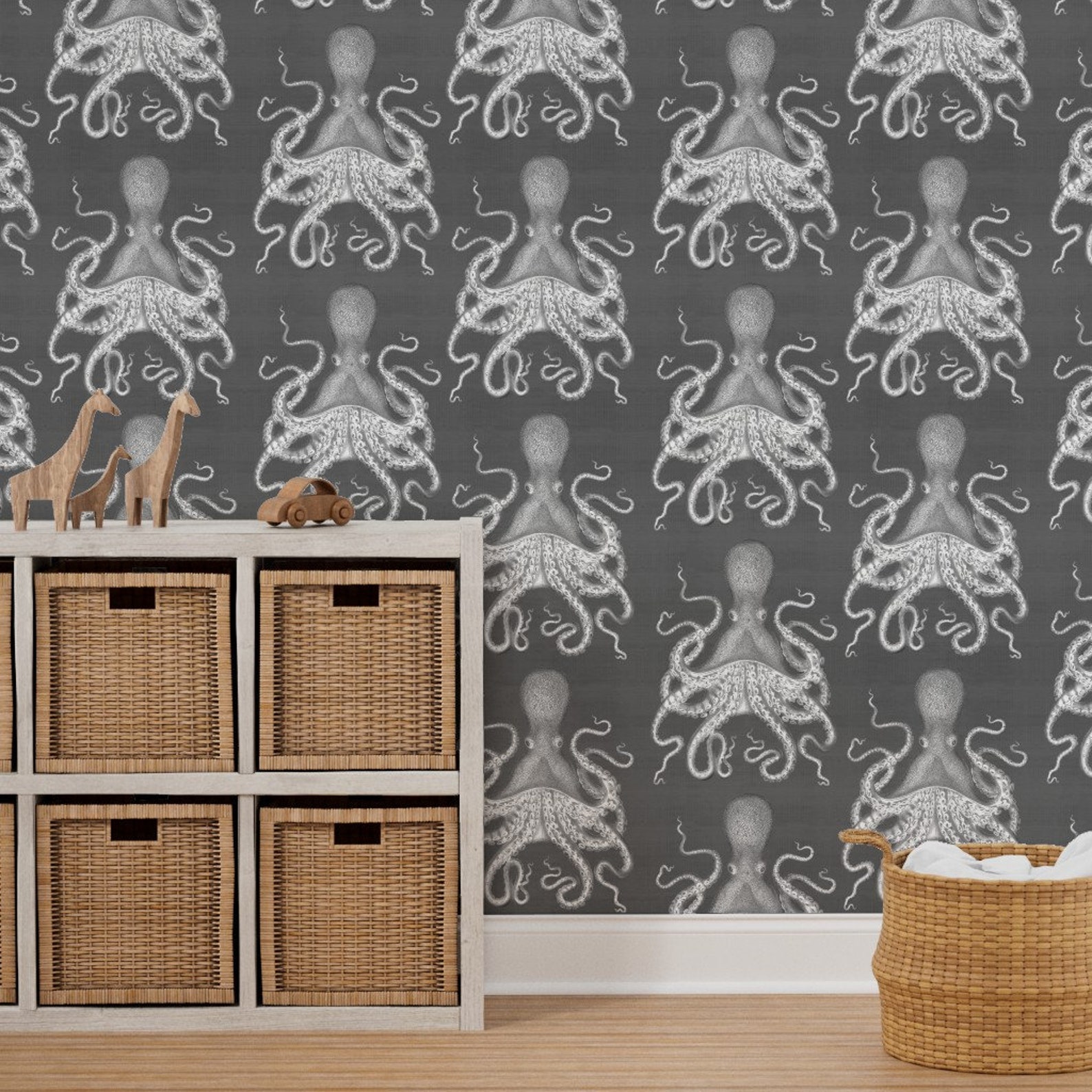 Octopus on Gray Wallpaper Octopus Oasis Gray by - Etsy