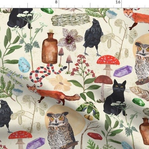 Witchy Fabric Witchy by Dasbrooklyn Black Cat Owl Fox Snake Egg ...