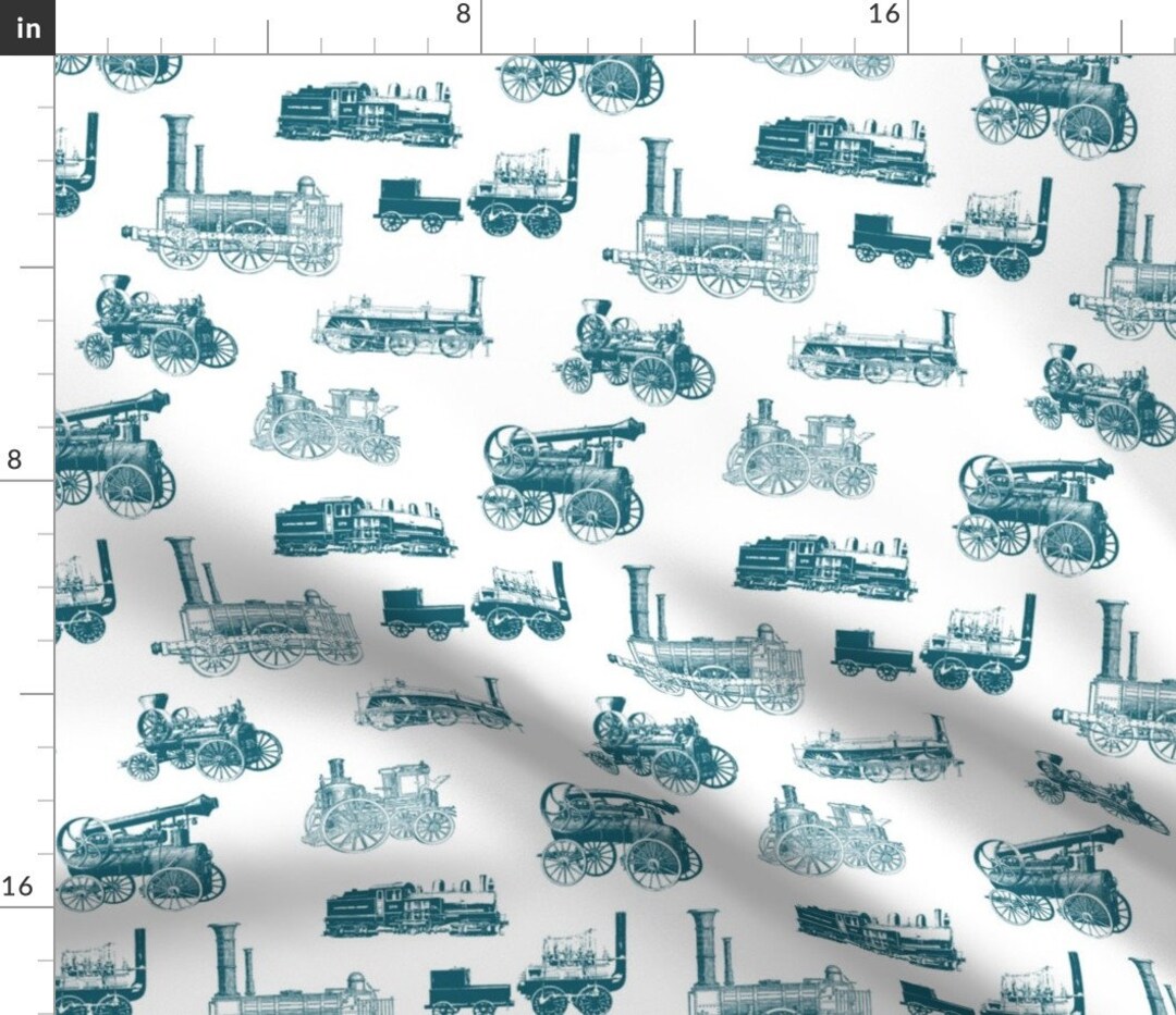 Train Fabric Antique Steam Engines // Aquamarine // Large by - Etsy