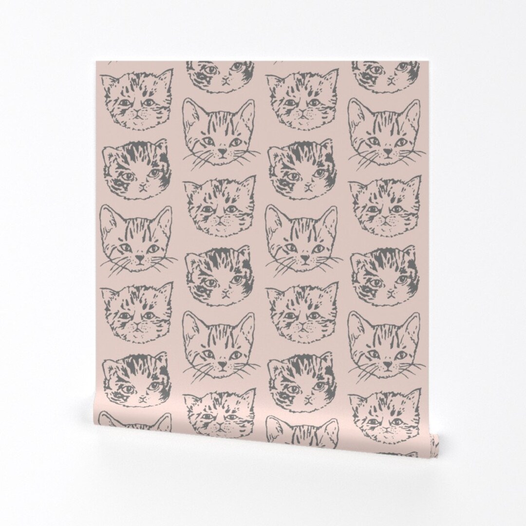Pink Cat Wallpaper Cat Stack Grey on Peach by - Etsy