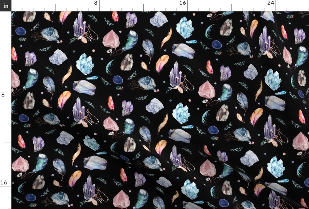 Gems Fabric - Gypsy Dreamer Black by Rebelmod- Gemstones Feathers Boho ...