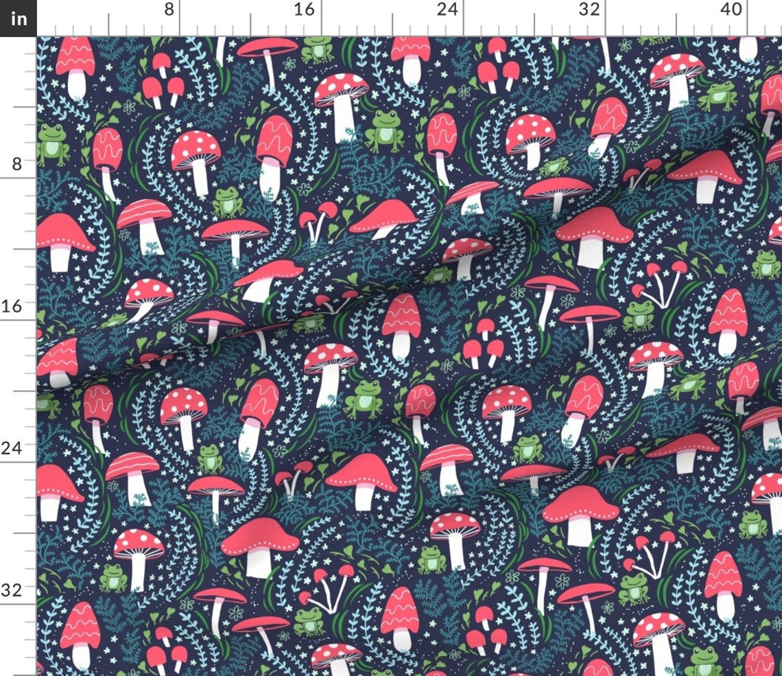 Toad Fabric Mushrooms Toadstools and Frogs by Creativeinchi | Etsy