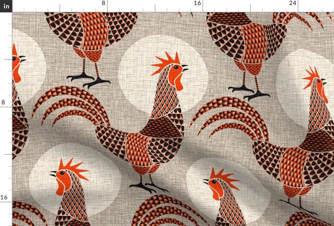 Red Roosters Fabric - Country Cockerels by Studioxtine - Bird Vintage ...