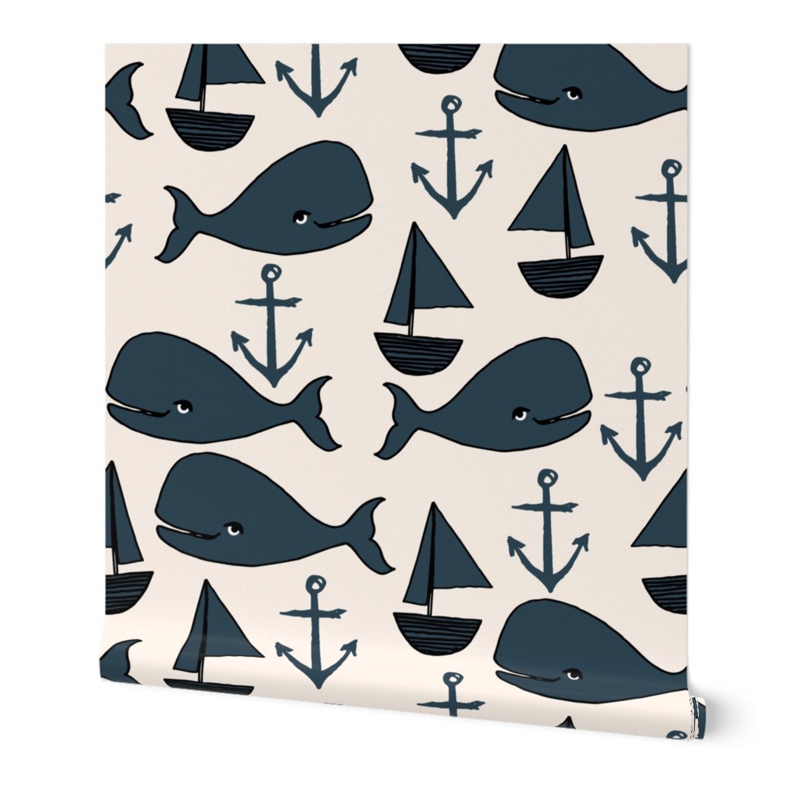 Nautical Whales Wallpaper Dark Navy Blue and Cream by Andrea | Etsy