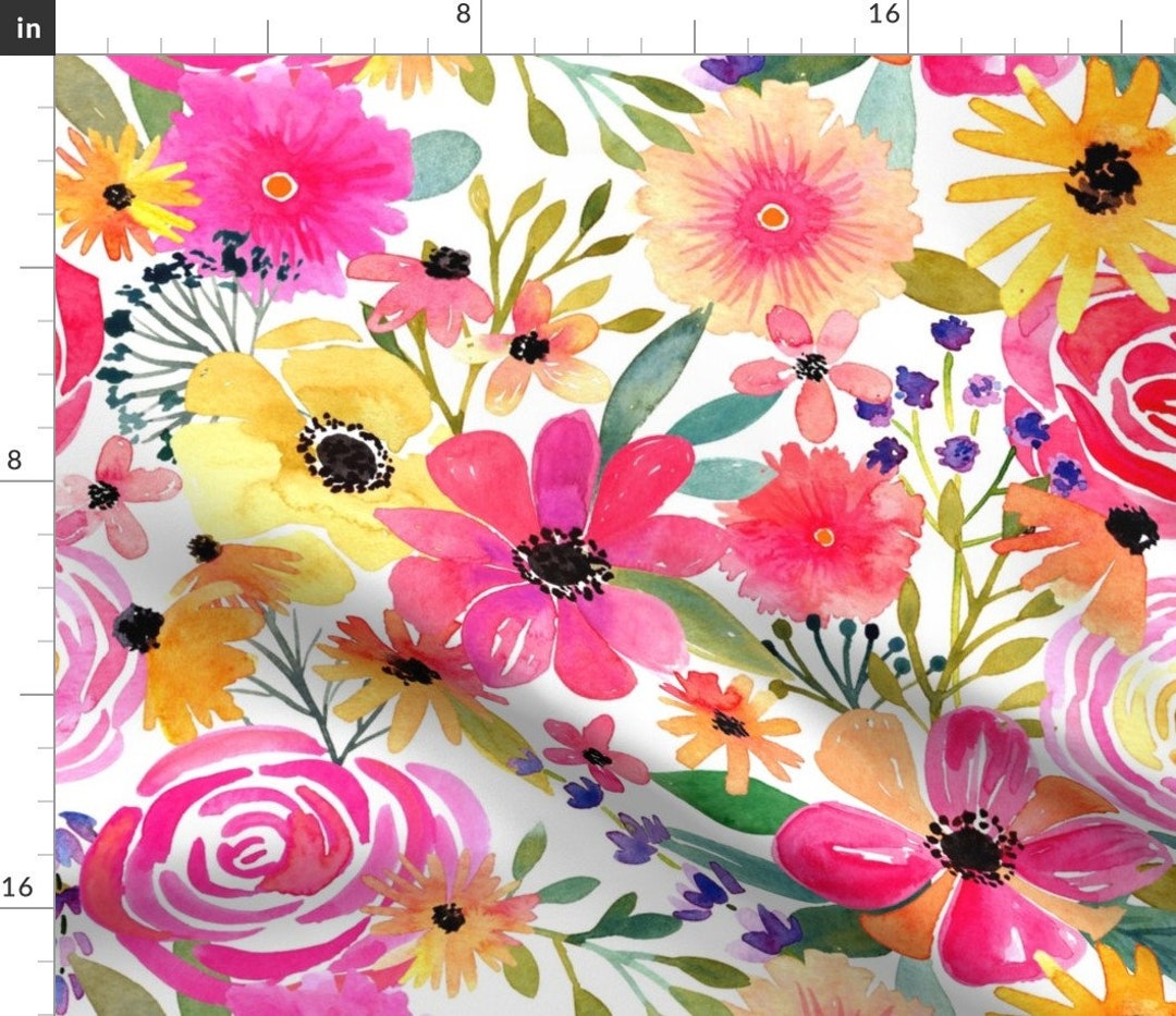 Bright Pink Floral Apparel Fabric Watercolor Flower Frenzy by ...