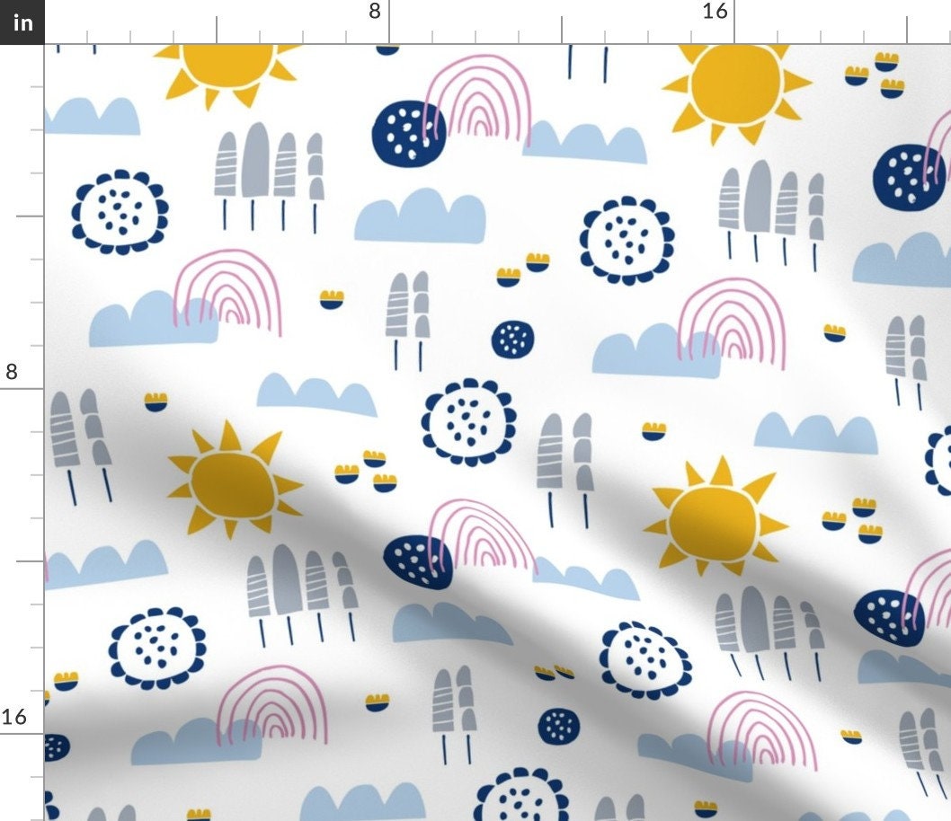 Sunshine Blue Spring Fabric Sunshine Clouds Rainbows Day | Etsy