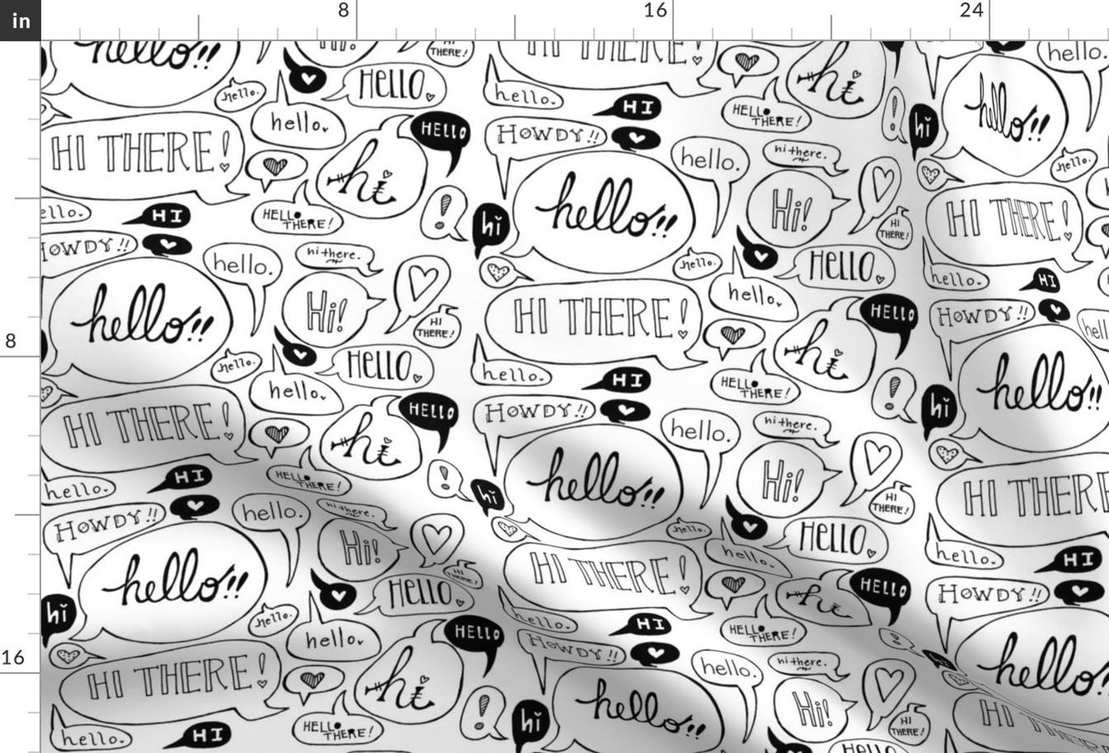 Black and White Hello Fabric - Hello There! by Taraput - Hello Text ...