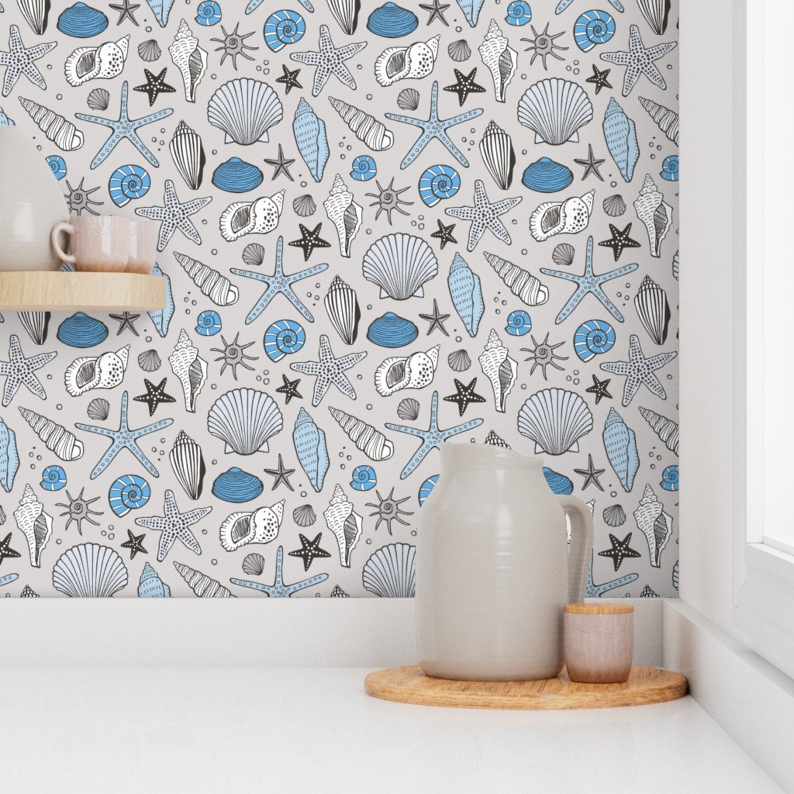 Shells Wallpaper Seashells Nautical Blue Gray by Caja Design - Etsy