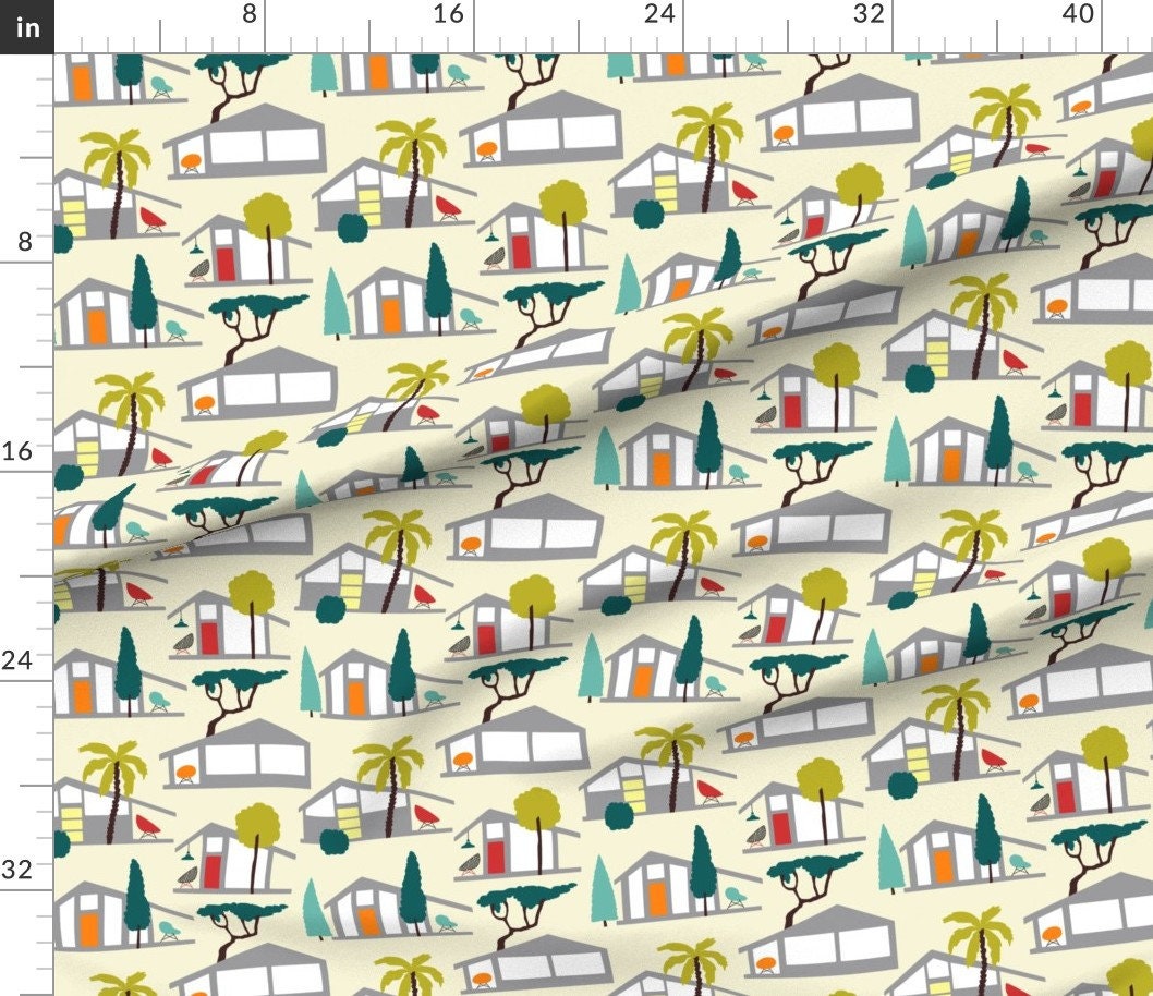 Mid Century House Fabric Mcm Houses by Oleynikka Mid | Etsy