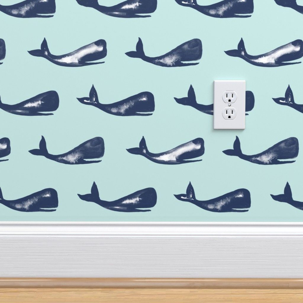 Whales Wallpaper Whale Mint Blue Indigo by Jillbyers | Etsy