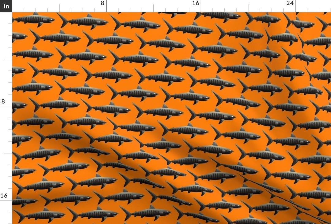 Shark Orange Fabric - Negative Tiger Sharks on A Orange Background. by ...