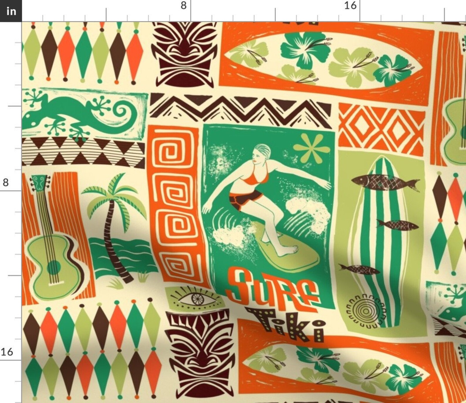 Surfing Fabric Surf Tiki by Ruby Ritz Surfing Retro Green - Etsy