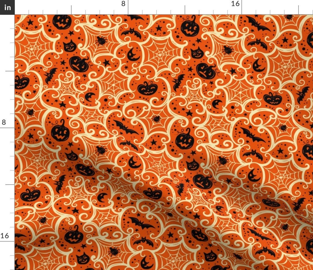 Retro Halloween Fabric Spooky Cobwebs Cream on Orange by - Etsy