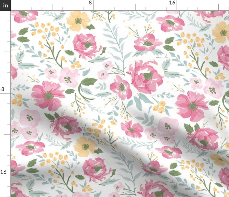 Pink Yellow Spring Floral Fabric Young Meadow Floral by - Etsy