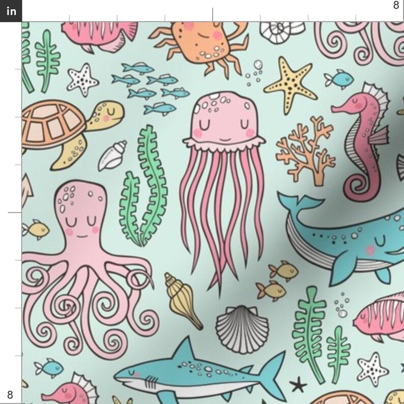 Ocean Fabric Nautical Pastel Marine Sea Life Shark Whale | Etsy