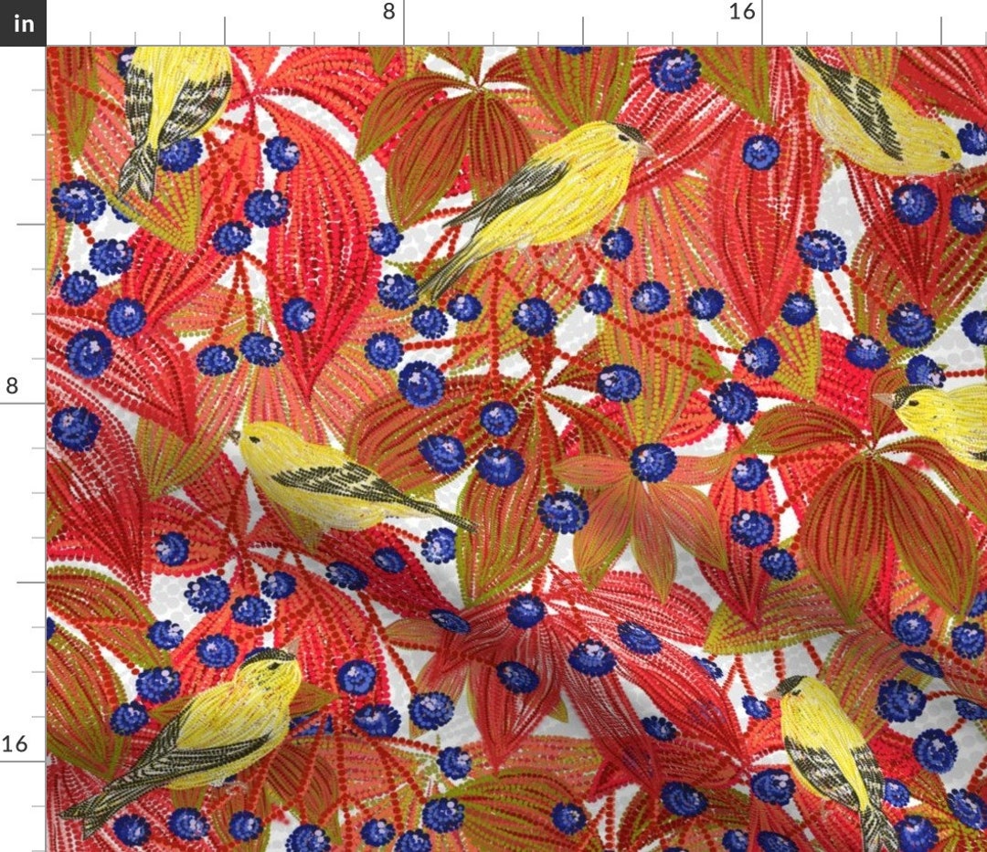 Pointillism Red Floral Fabric Goldfinches on Wild Grapes white by ...