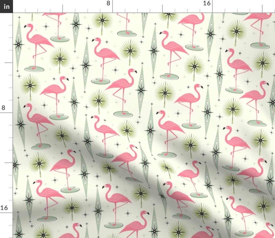 Retro Pink Flamingo Birds Fabric Atomic Oasis Vertical by Studioxtine ...