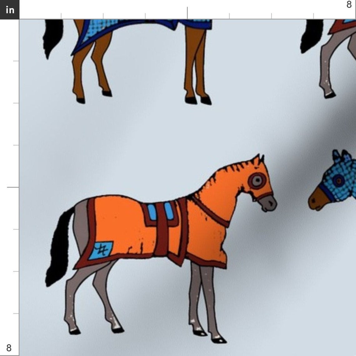 Blue Orange Equestrian Horse Toile Fabric Danni's | Etsy