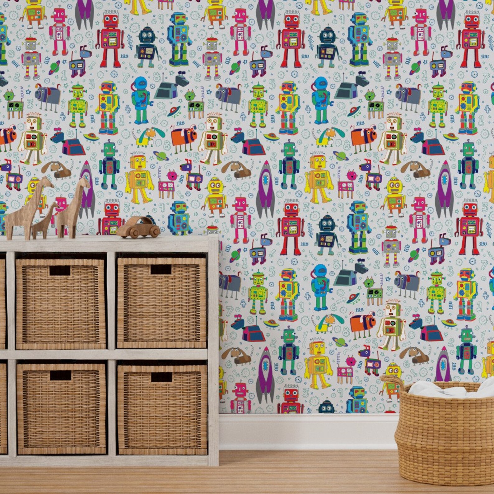 Robots Wallpaper Robots in Space on Gray by Cecca Robots - Etsy