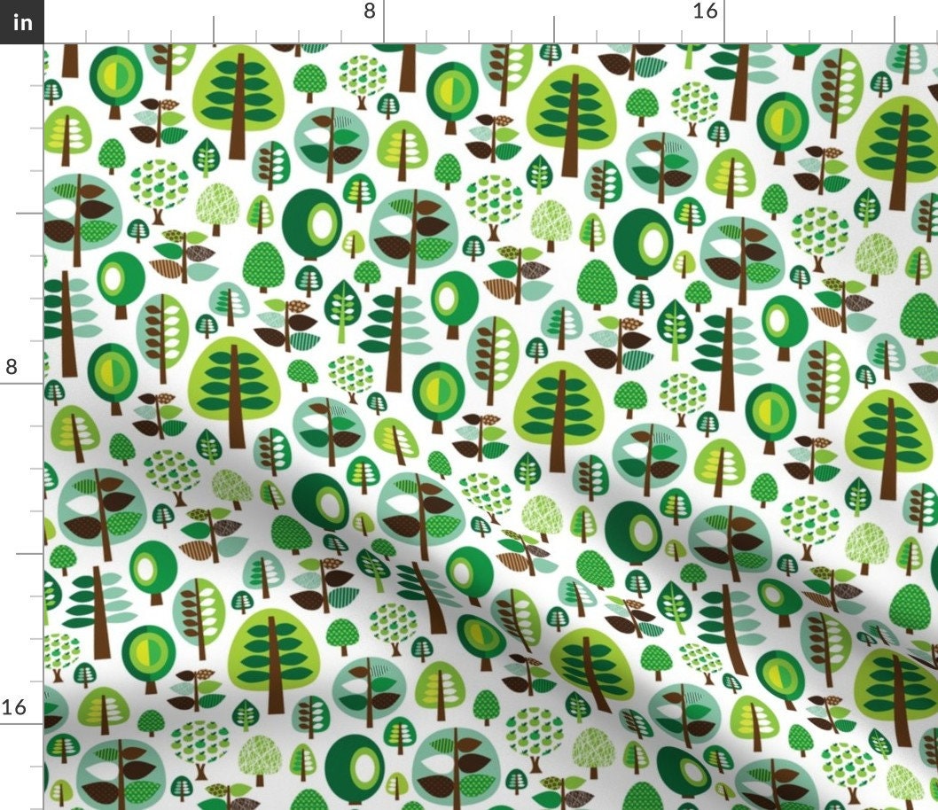 Tree Fabric Retro Green Nature Tree Leaf And Forest By | Etsy