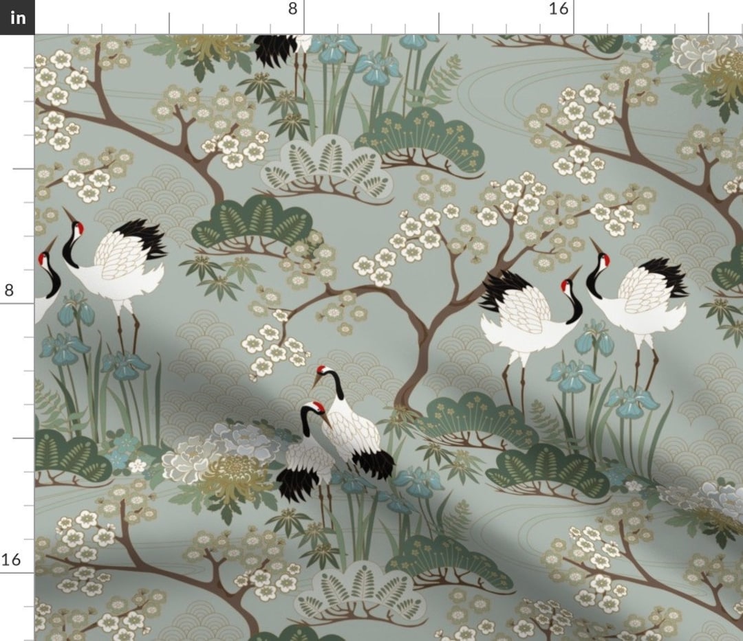 Japanese Cranes Fabric Japanese Garden Sage by Juditgueth Chinoiserie ...
