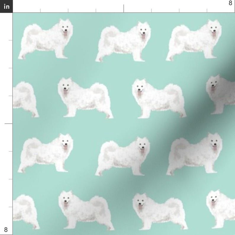 White Fluffy Dog Fabric - White Samoyed Dog Sled Dog Mint Blue by ...
