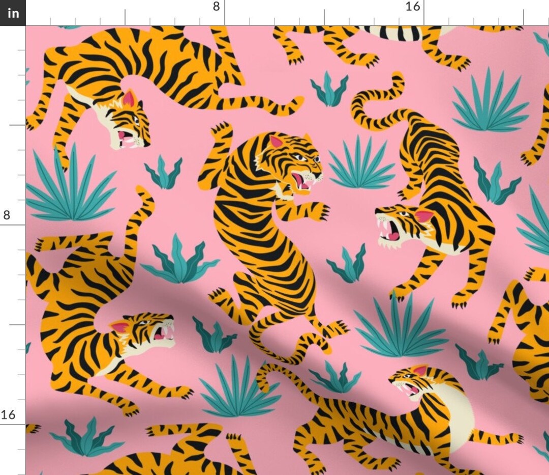 Pink Tigers Jungle Fabric Tigers Dancing on Pink, Asian Tiger by ...