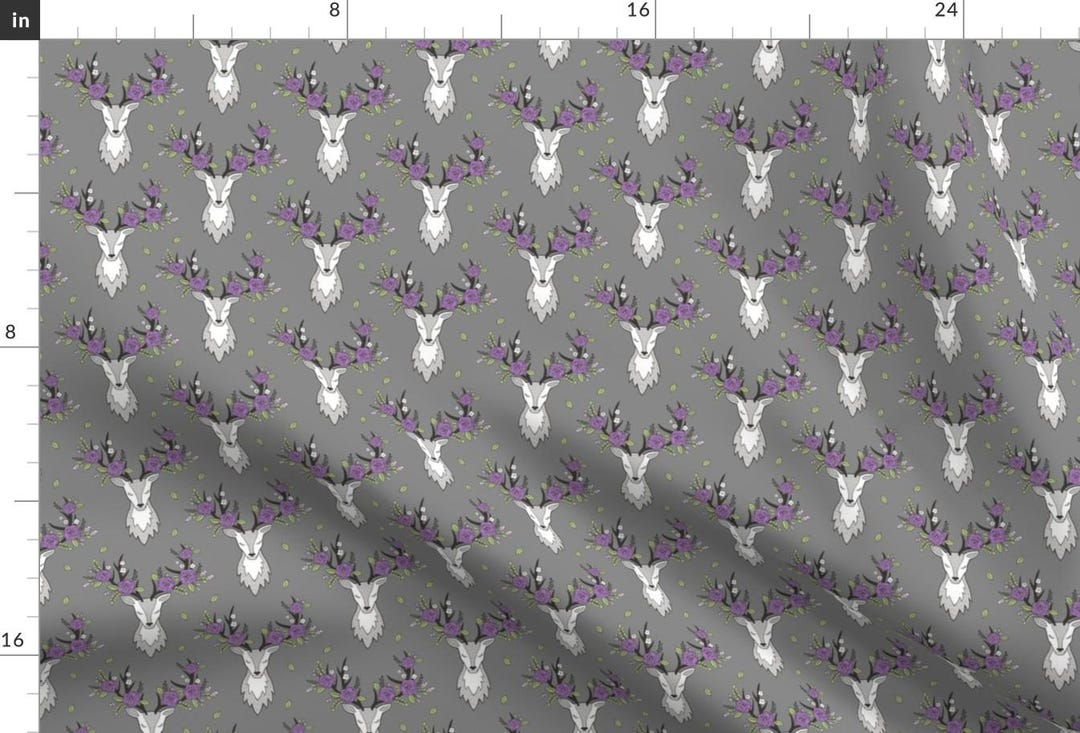 Woodland Fabric Deer Head on Dark Grey Purple Flowers Smaller 3 Inch by ...