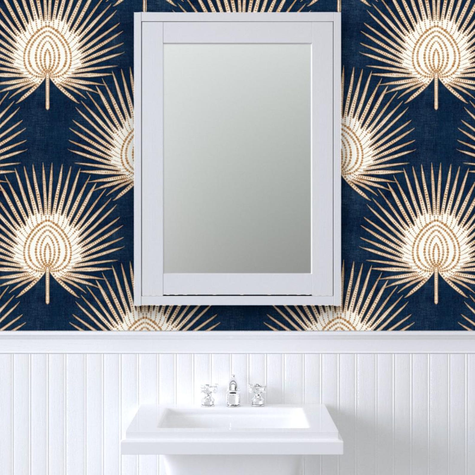 Boho Palm Fronds Removable Peel and Stick Wallpaper - Navy Blue Cream ...