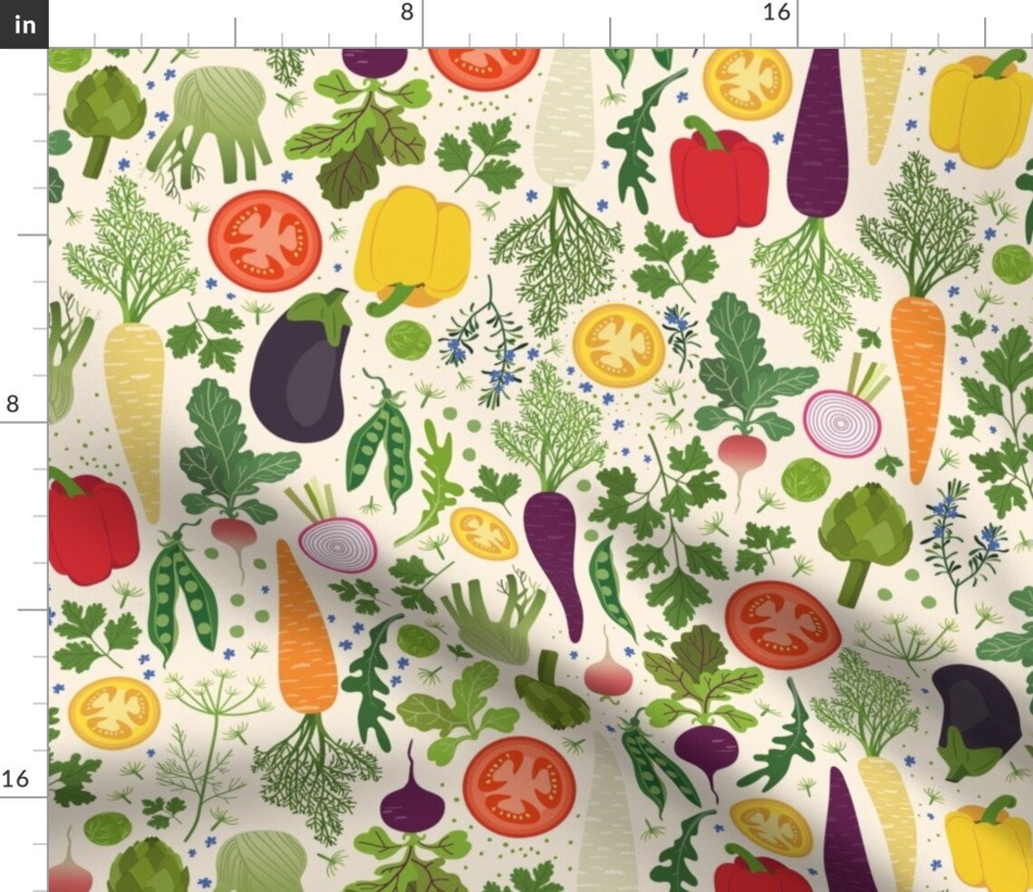 Vegetables Fabric My Veg Garden by Damaste Carrots Tomato | Etsy