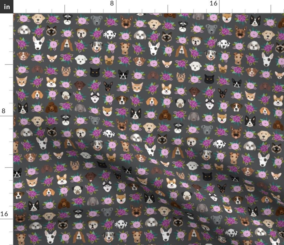 Floral Pets Fabric Dogs and Cats Heads Florals Charcoal by Petfriendly ...