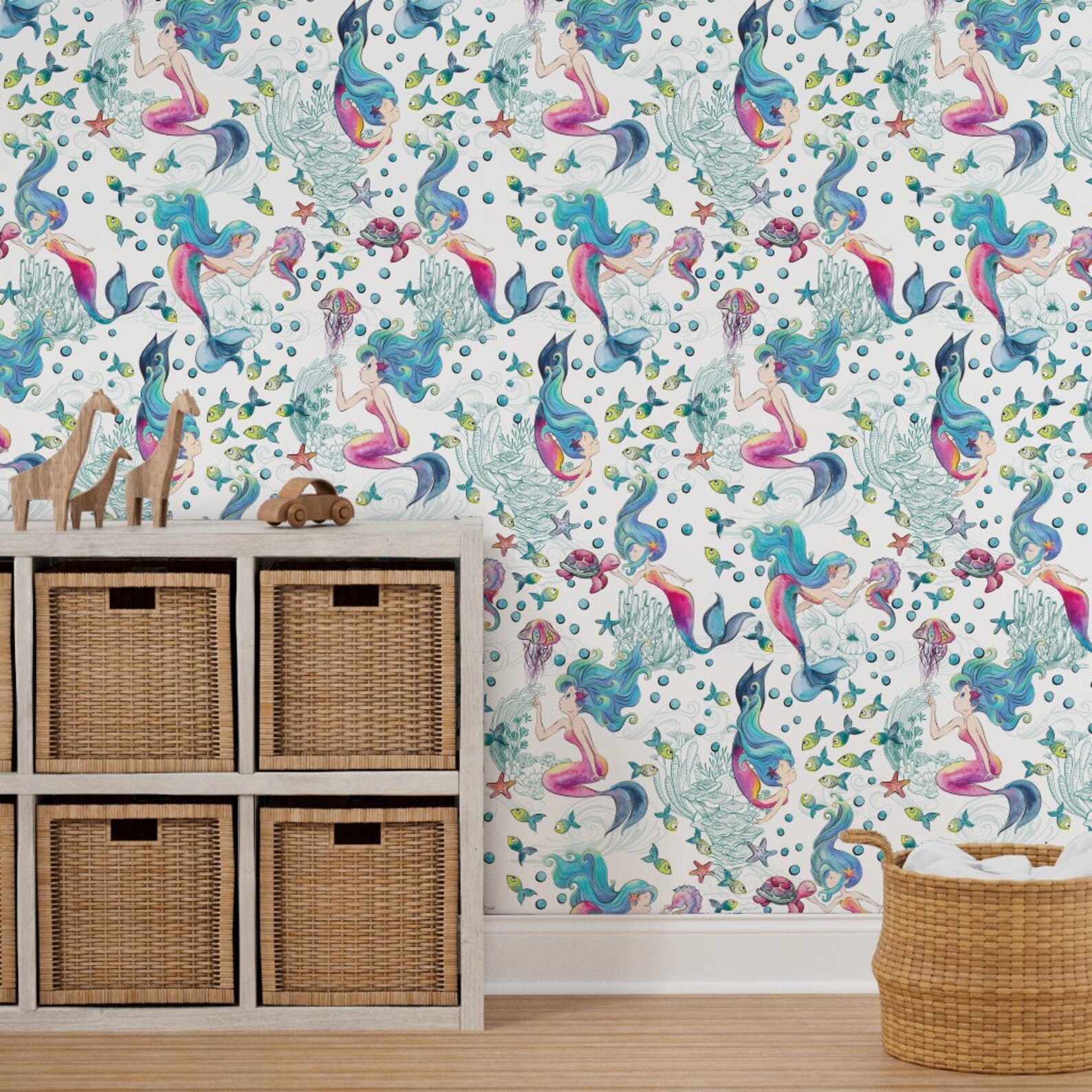 Mermaids Wallpaper Modern Mermaid Toile by Gingerlique - Etsy